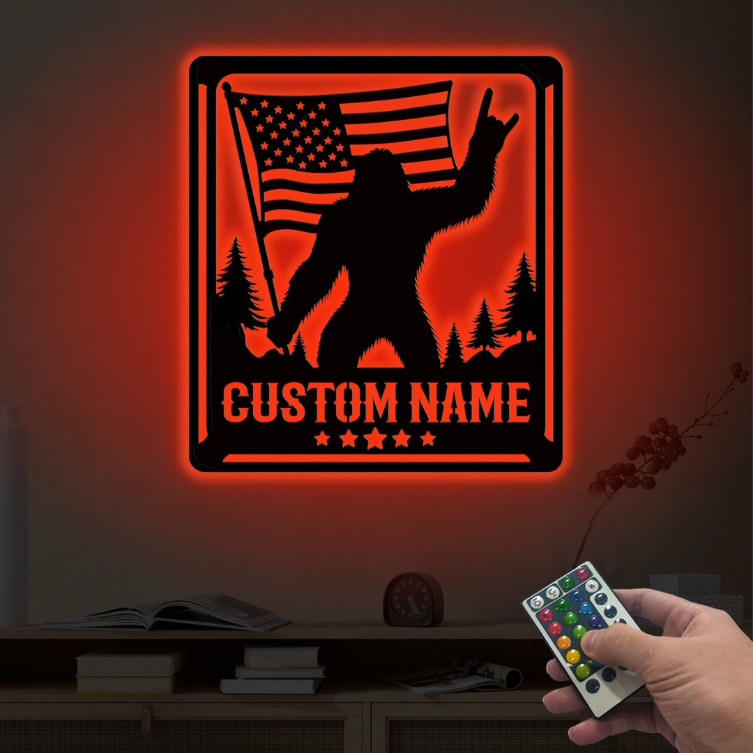 Custom Bigfoot US Flag Metal Sign Led Light, Sasquatch Wall Art ...