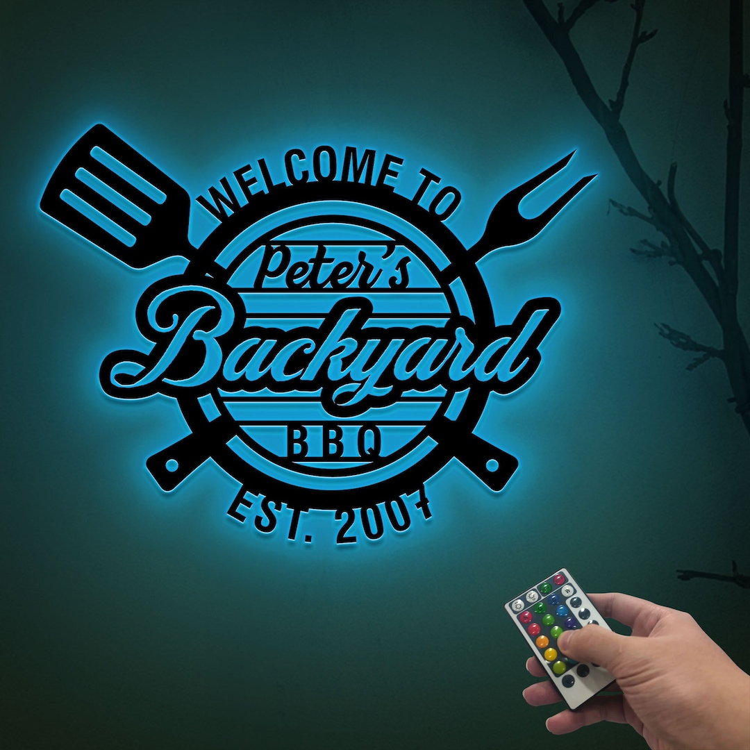 Personalized Backyard BBQ Metal Sign With Led Lights, BBQ Grill Metal ...