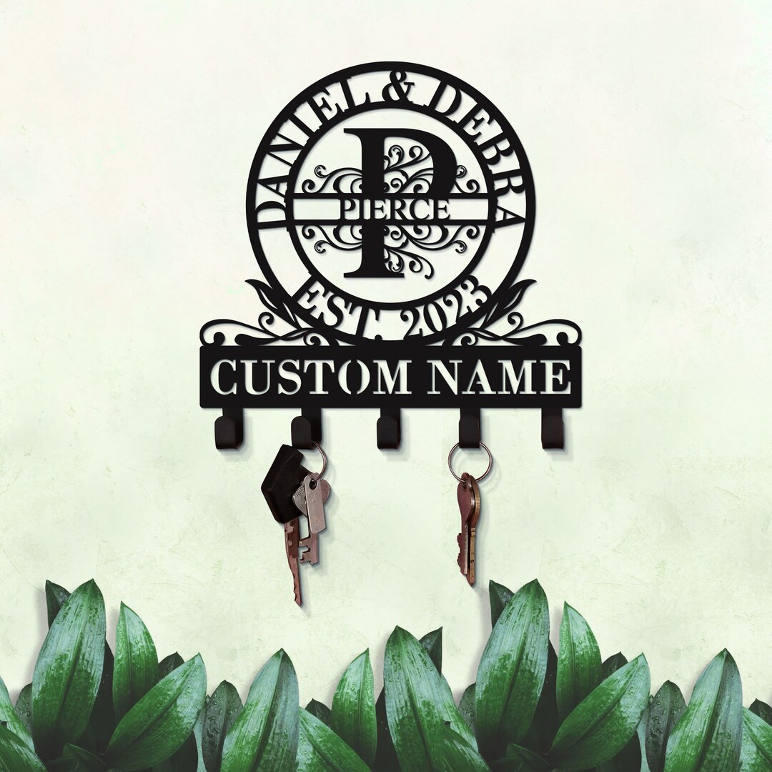 Monogram Key Holder Personalized Name With 5 Hooks, Metal Key Holder ...