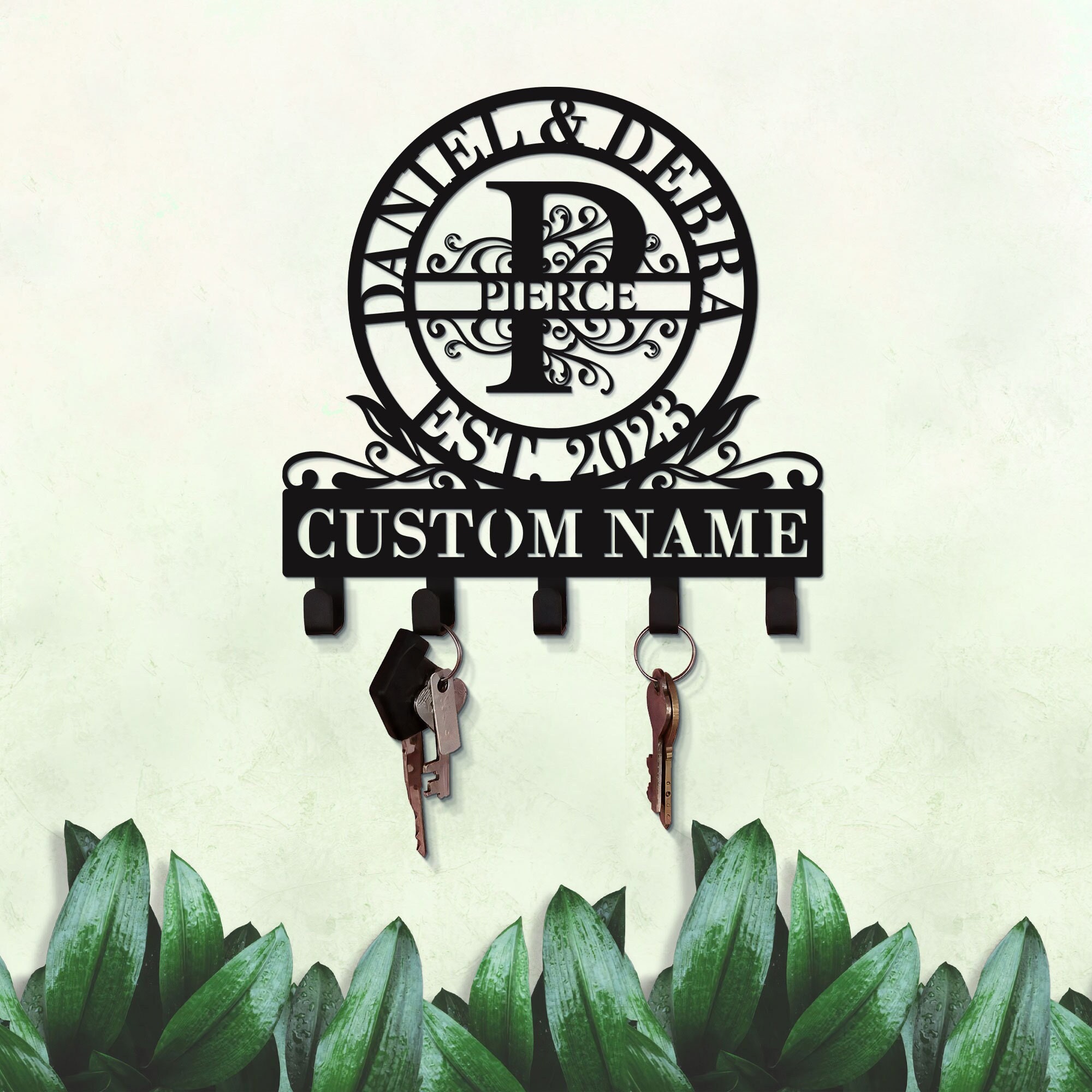 Monogram Key Holder Personalized Name With 5 Hooks, Metal Key Holder ...
