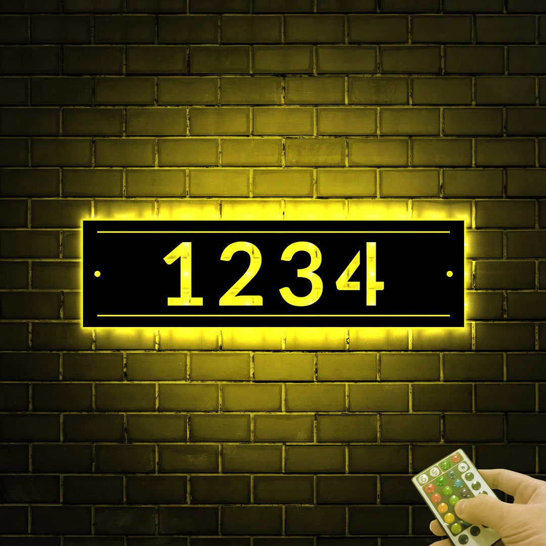 Personalized Modern Address Metal Wall Art With Led Lights, Custom Name ...