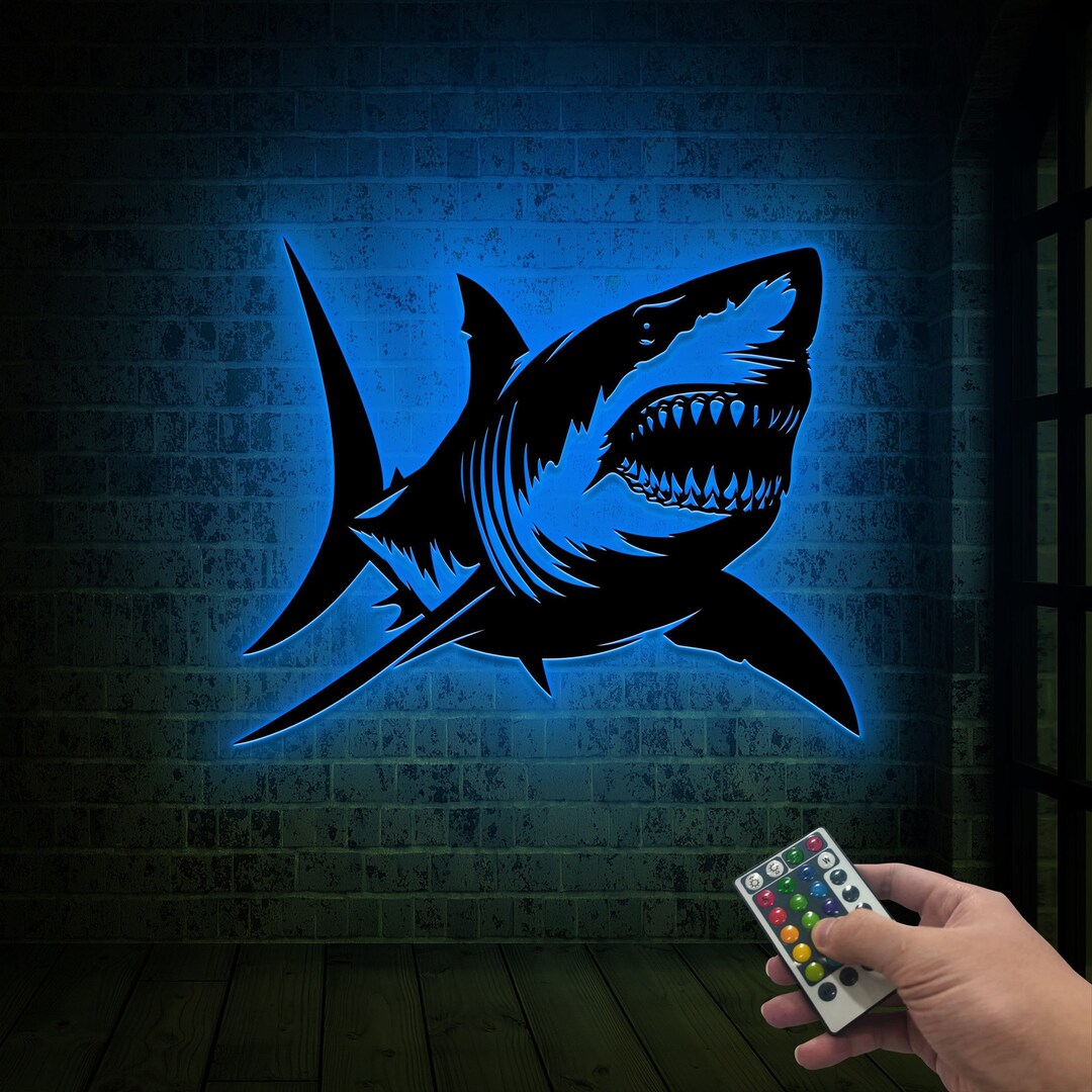 Great White Shark Metal Sign Led Lights, Shark Metal Wall Art, Shark ...