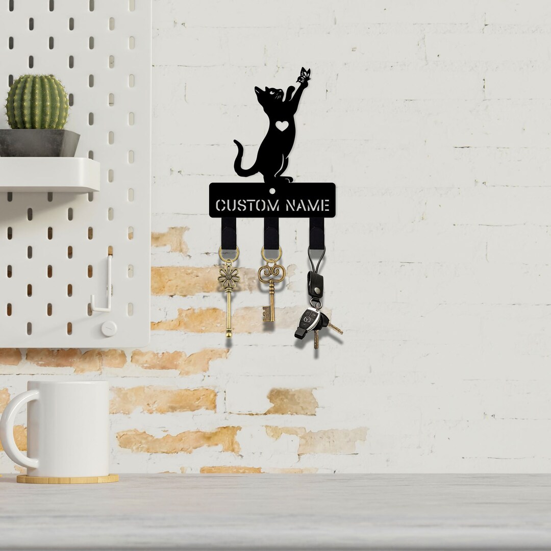 Cat and Butterfly Key Holder, Metal Key Holder for Wall, Cat Key Holder ...