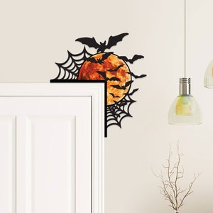 Halloween Door Corner Wooden Sign, Spider Web Moon and Bats Corner ...
