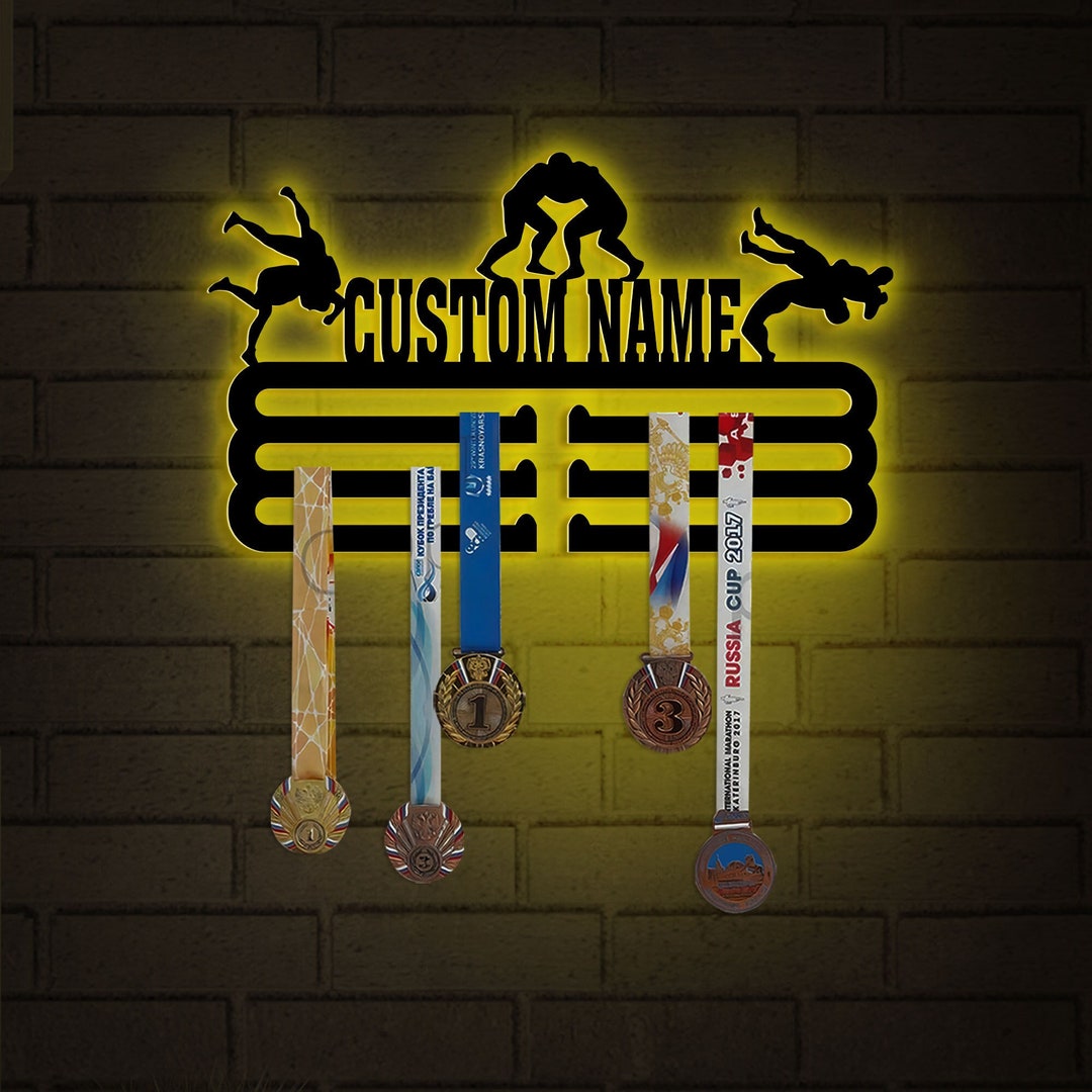 Wrestling Medal Hanger Custom Name With Led Light, Sports Medal Holder ...