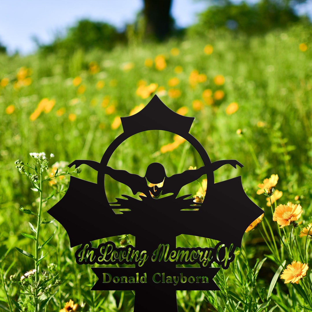 Custom Swimmer Memorial Stake Metal, in Loving Memory Cross, Swimmer ...