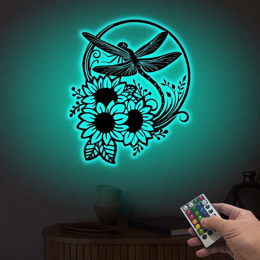 Floral Dragonfly Metal Wall Art With LED Light, Boho Home Decor - Etsy