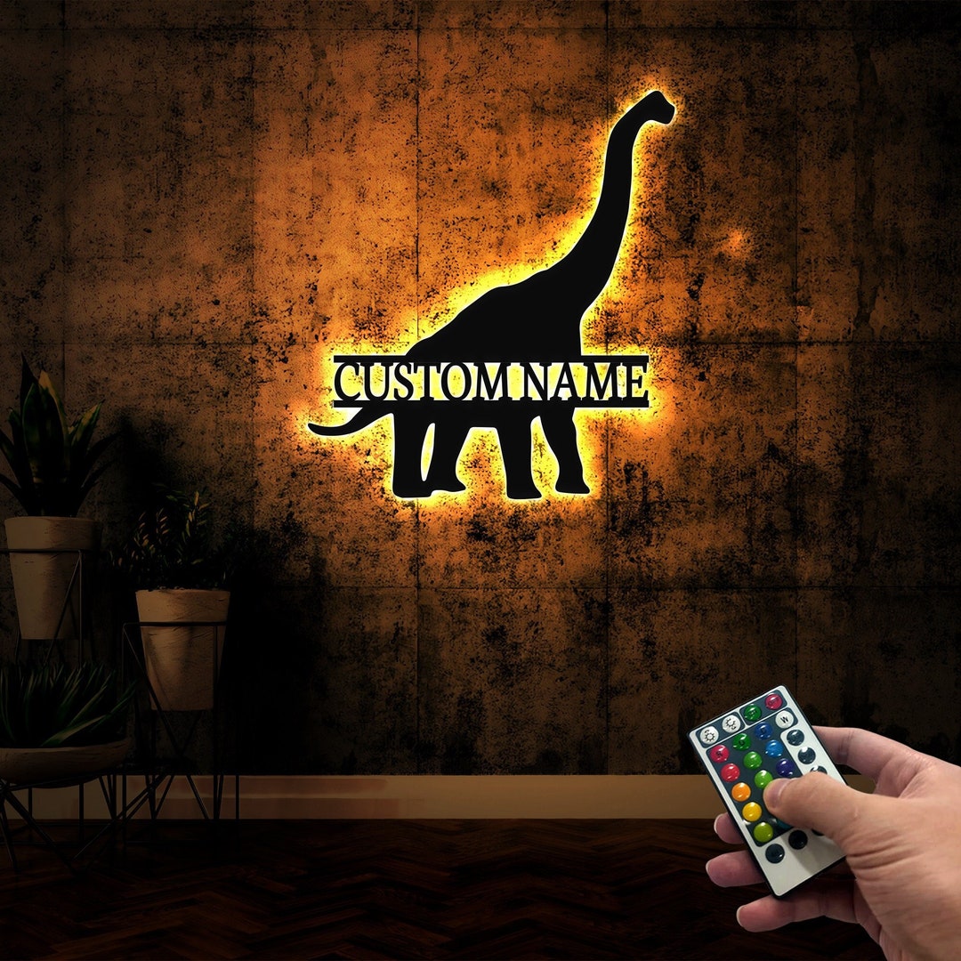 Personalized Dinosaur Metal Wall Art, Monogram Sign With Led Lights ...