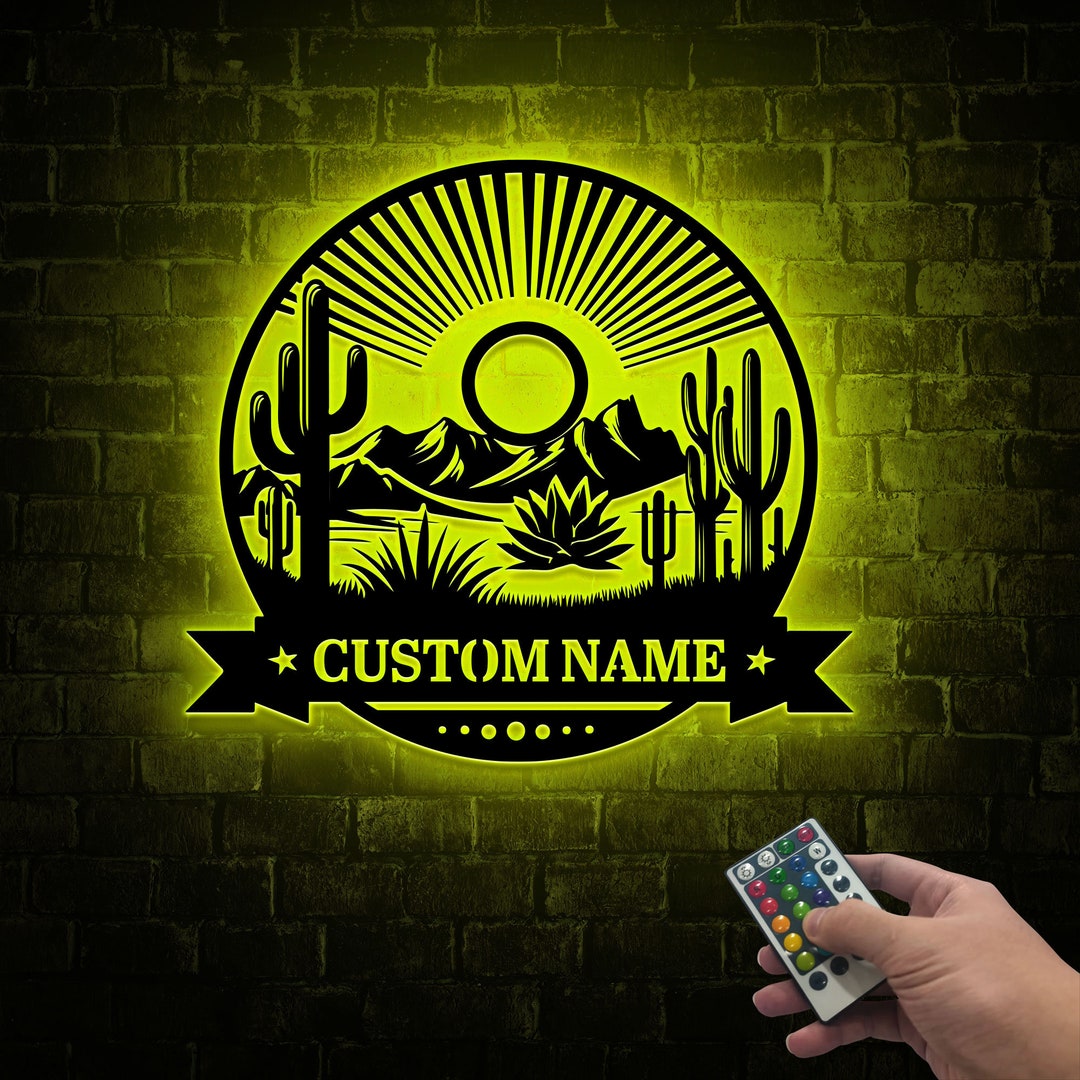 Custom Desert Metal Wall Art With Led Lights, Cactus Wall Decor, Metal ...