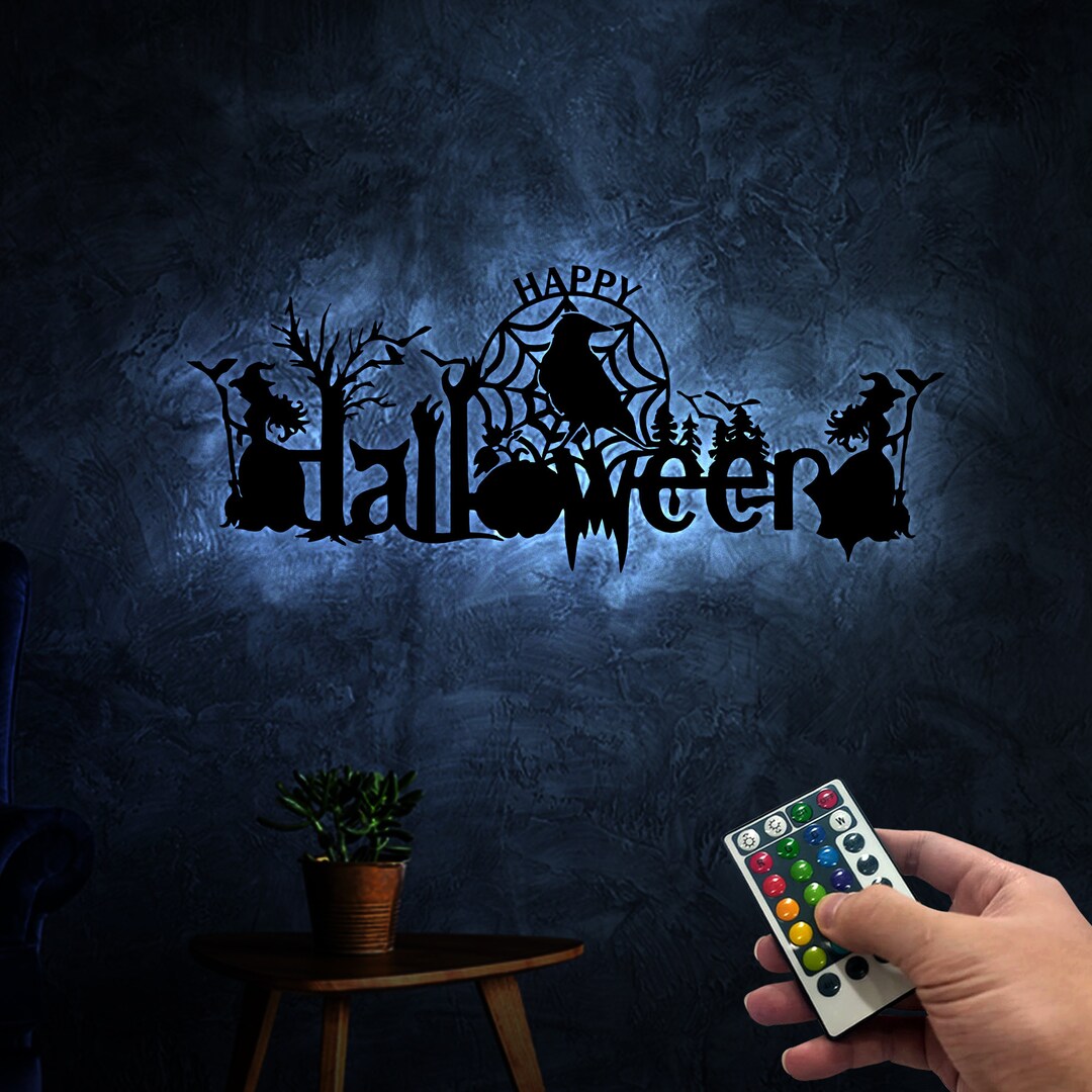 Happy Halloween Metal Wall Art With Led Lights, Raven Halloween Sign ...