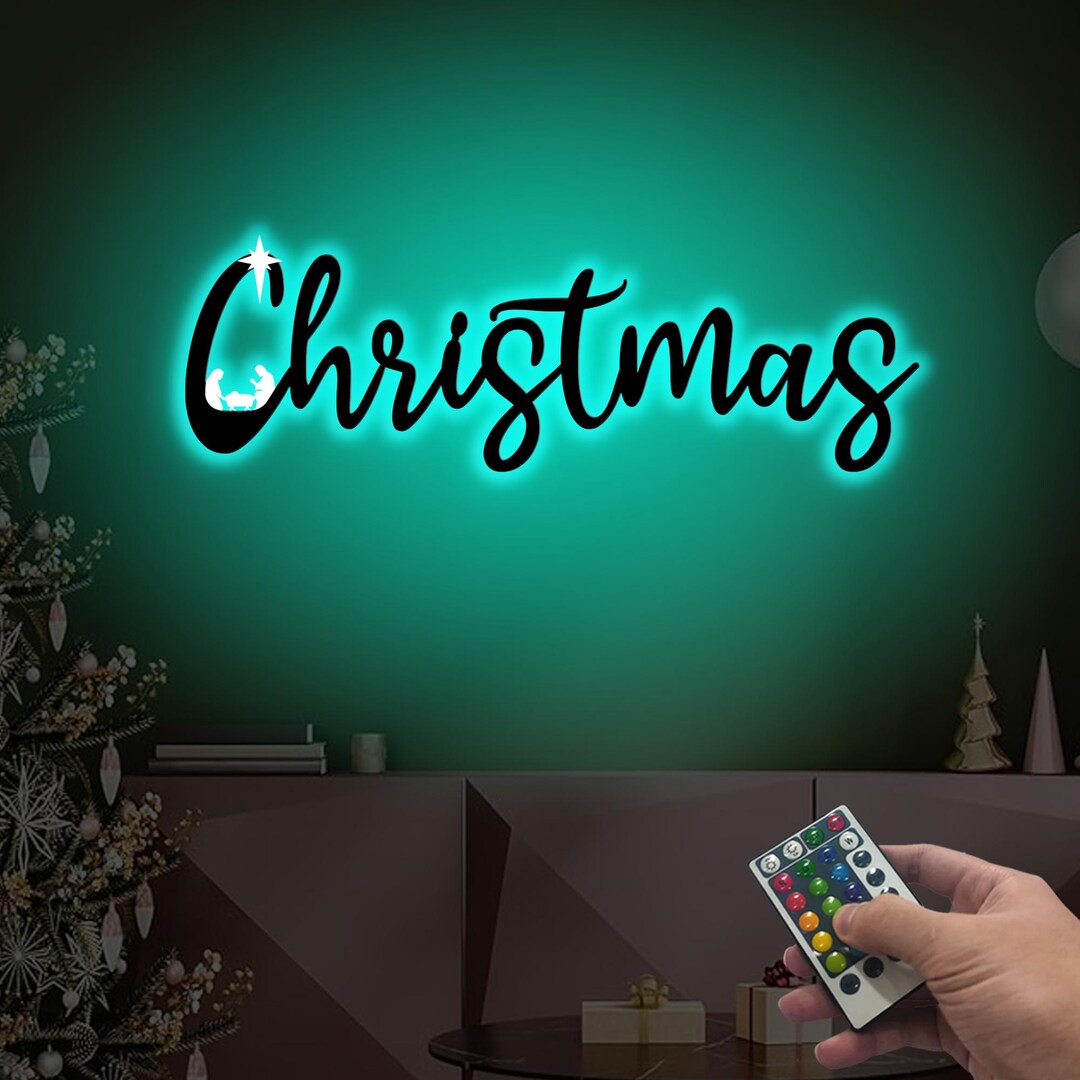 Christmas Word Art Metal Sign With Led Lights, Christmas Script Word ...