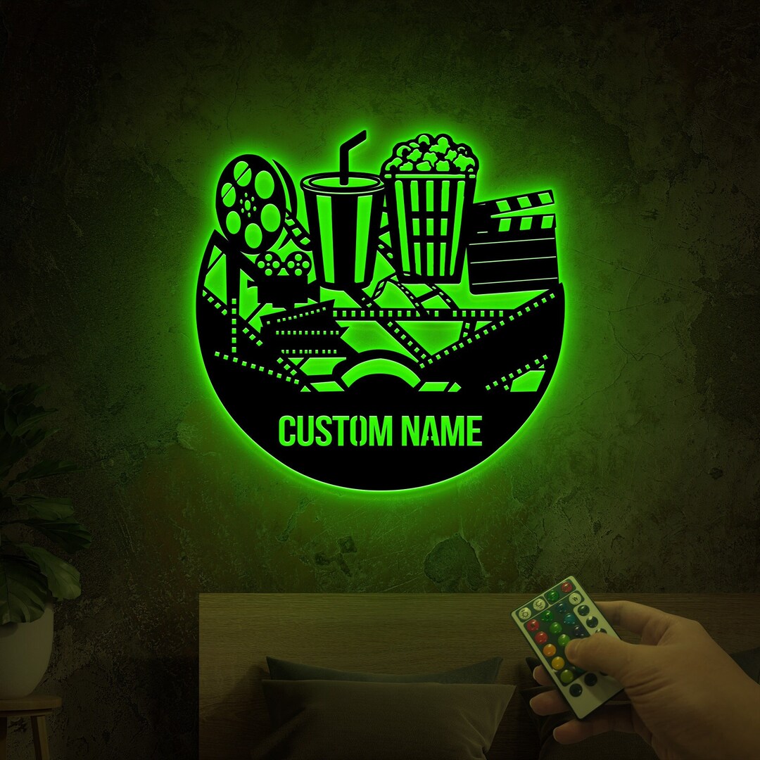 Custom Movie and Popcorn Metal Sign With Led Light, Home Theater Decor ...