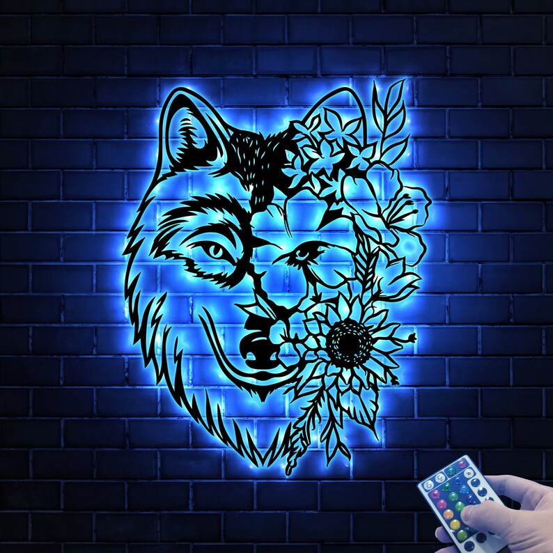 Floral Wolf Face Metal Wall Art With Led Lights, Wolf Sign, Wild Life ...