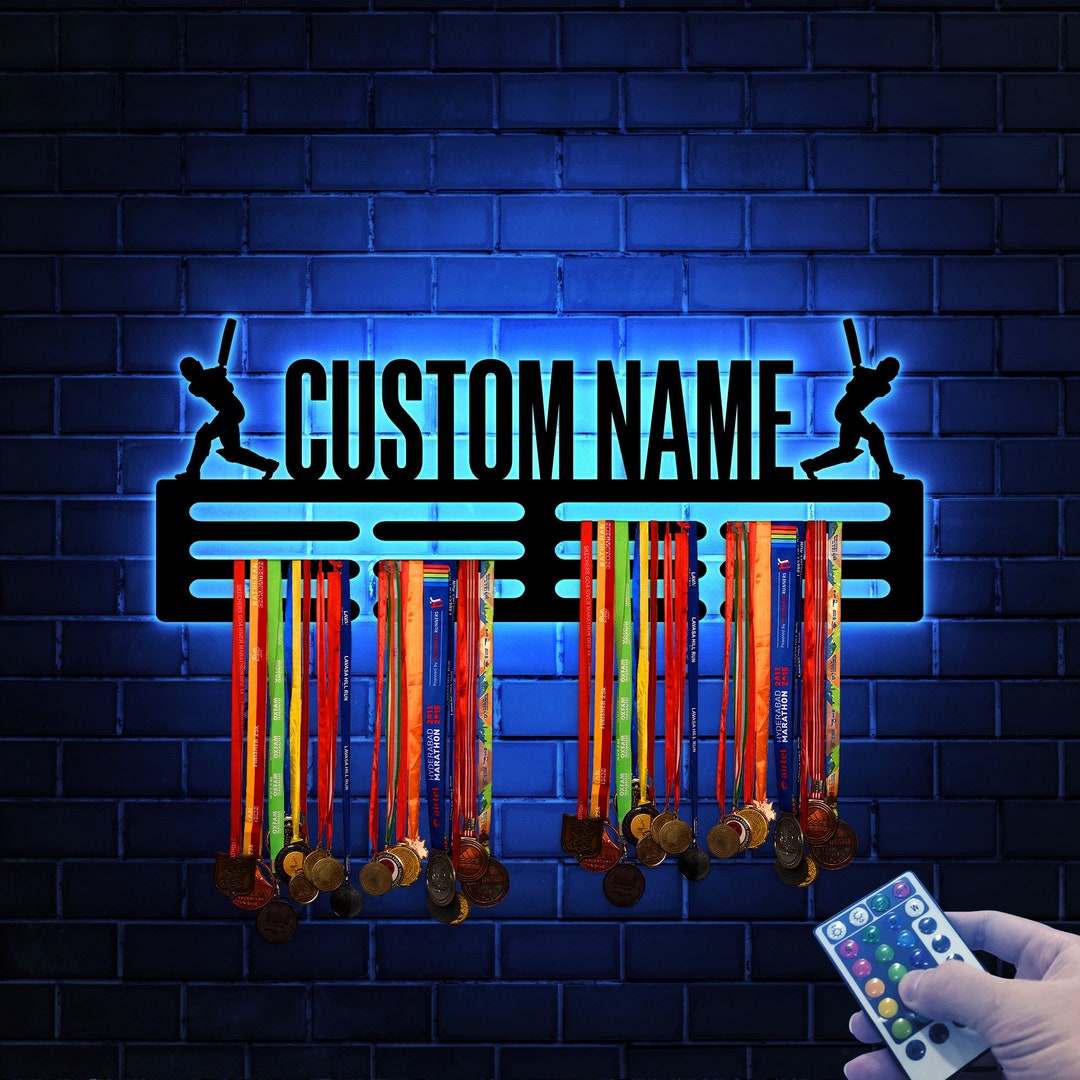 Custom Name Cricket Medal Hanger With Led Light, Sports Medal Holder ...
