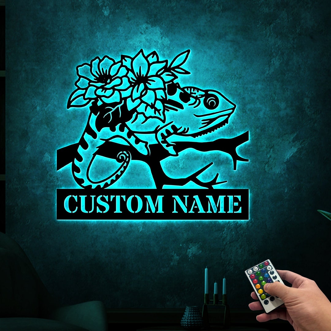 Custom Floral Crested Gecko Metal Sign With Led Light, Lizard Lover ...