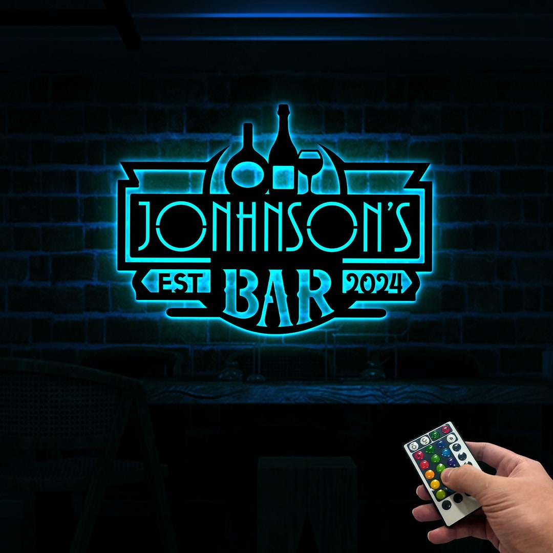 Personalized Bar Name Sign With Established Date Led Lights, Metal Bar ...