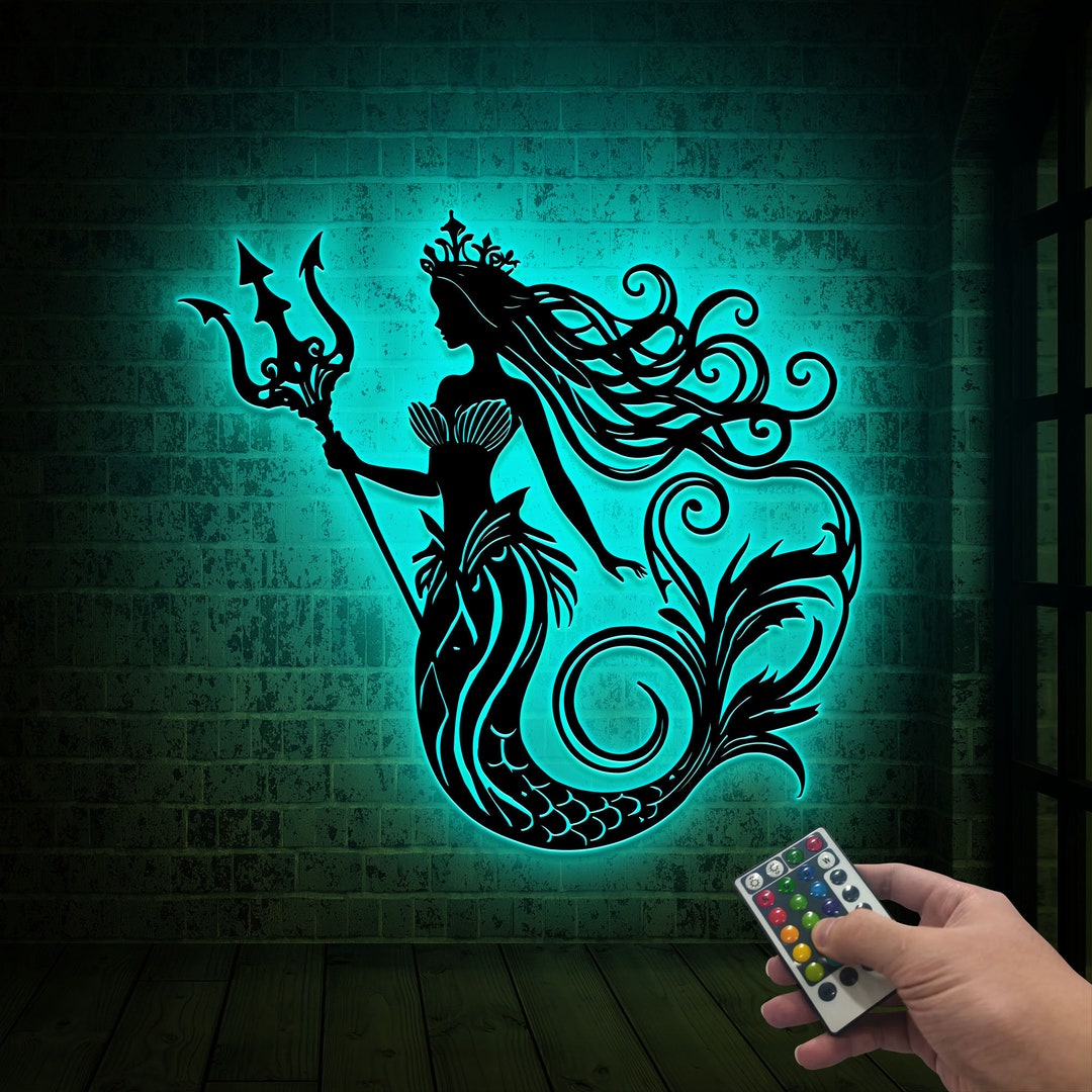 Mermaid Queen Metal Wall Art With Led Light, Mermaid Home Decor ...