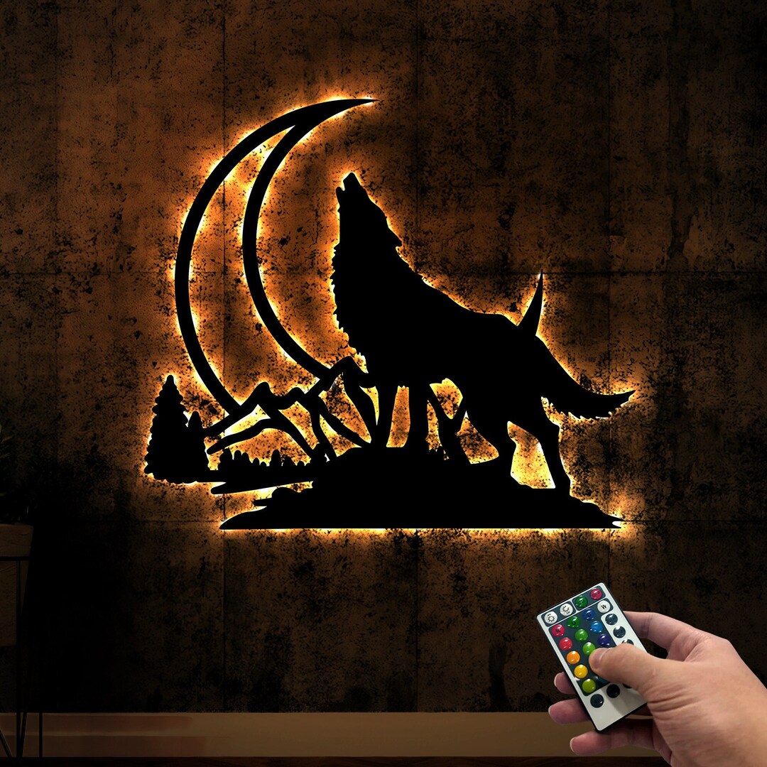 Wolf and Moon Metal Wall Art With Led Lights, Wolf Sign, Wild Life Sign ...
