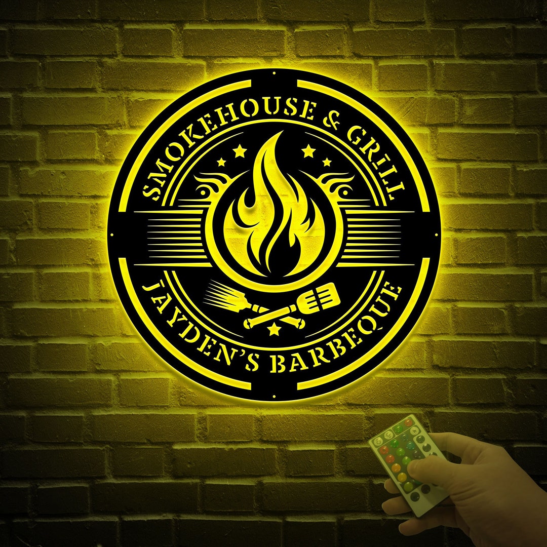 Personalized Barbeque Metal Sign With Led Lights, Smokehouse and Grill ...