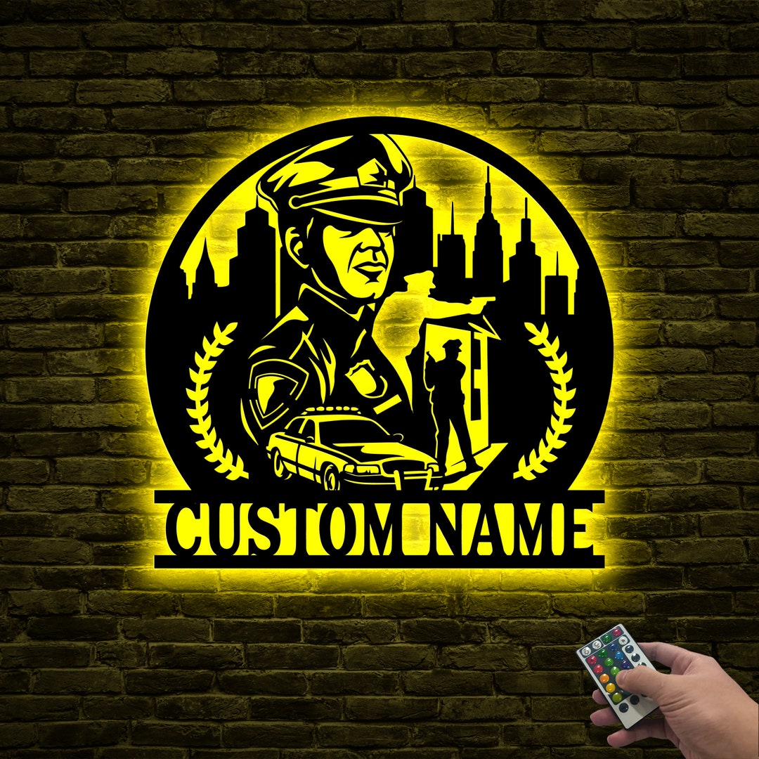 Custom Police Metal Wall Art With Led Light, Police Officer Gifts ...