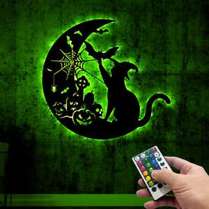 Witch Cat on the Moon Metal Wall Art With LED Lights, Halloween Theme ...