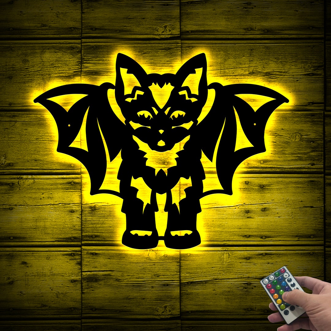 Bat Cat Metal Wall With Led Lights, Cat With Bat Wings, Halloween Sign ...