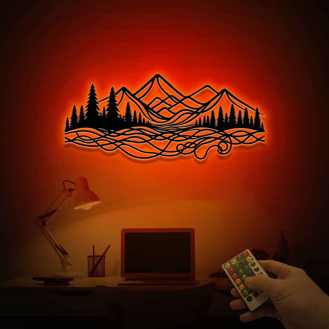 Mountain Metal Wall Decor Led Light, Mountains and Trees Wall Art ...