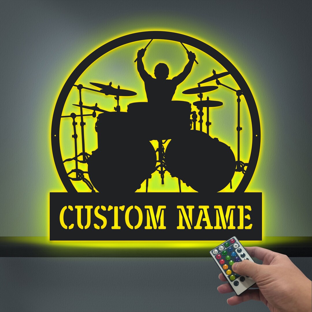 Drummer Metal Wall Art With Led Lights, Personalized Drummer Name Sign ...