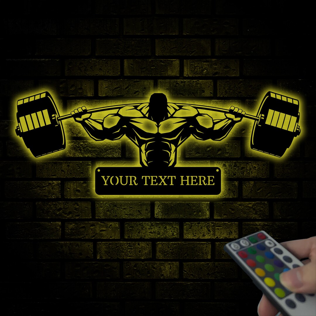 Custom Powerlifting Sport Monogram Metal Wall Art, Led Lights Gym Name ...