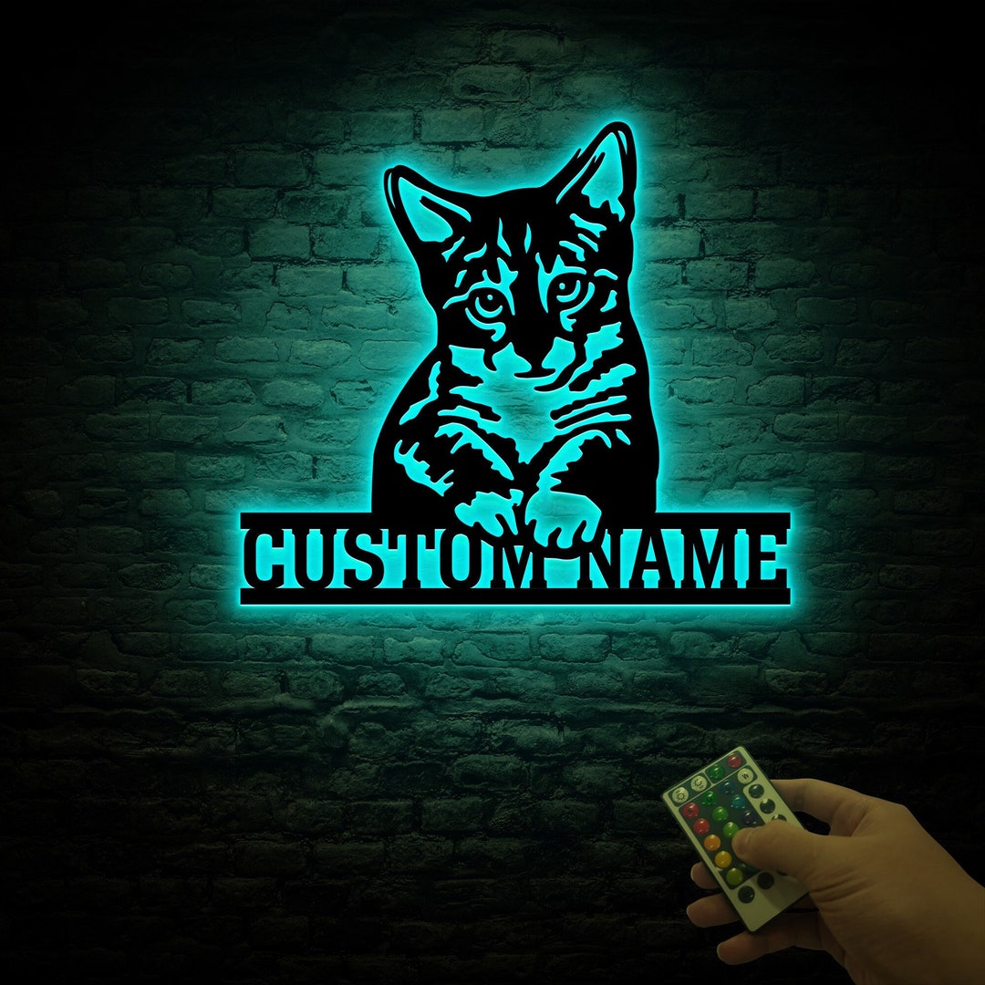 Custom Metal Cat Wall Art With Led Light, Cat Name Sign, Cat Metal Wall ...
