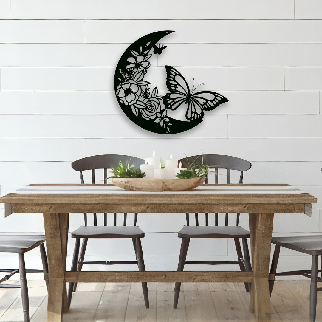Butterfly Moon Metal Sign, Living Room Sign, Floral Moon Sign ...