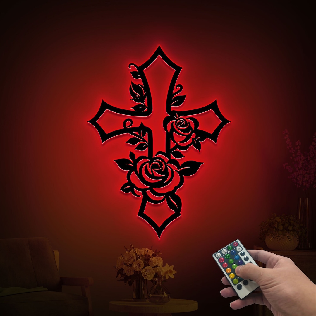 Rose Cross Metal Sign With Led Lights, Metal Cross Wall Decor, Jesus ...