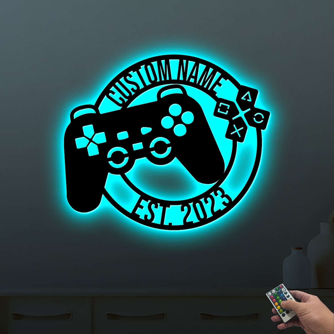 Custom Metal Gaming Sign With Led Light, Game Controller Metal Wall Art ...