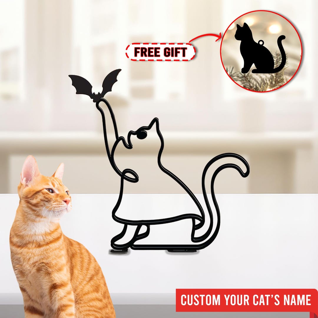 Cat Ghost and Bat Metal Table Sign, Minimalist Sculpture Statue, Black ...