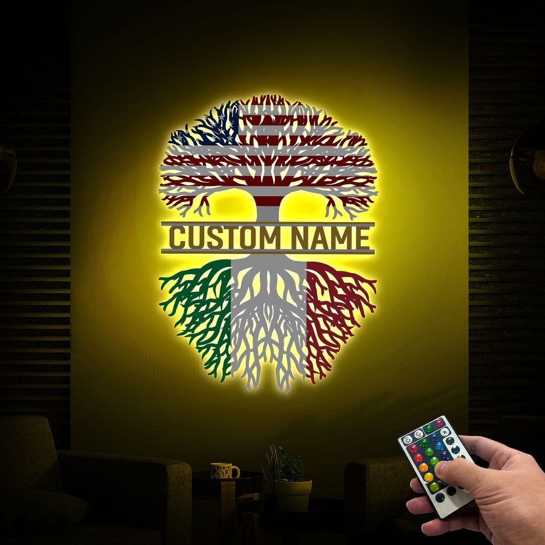 Custom American Italian Roots LED Metal Sign, Tree of Life Wall Decor ...