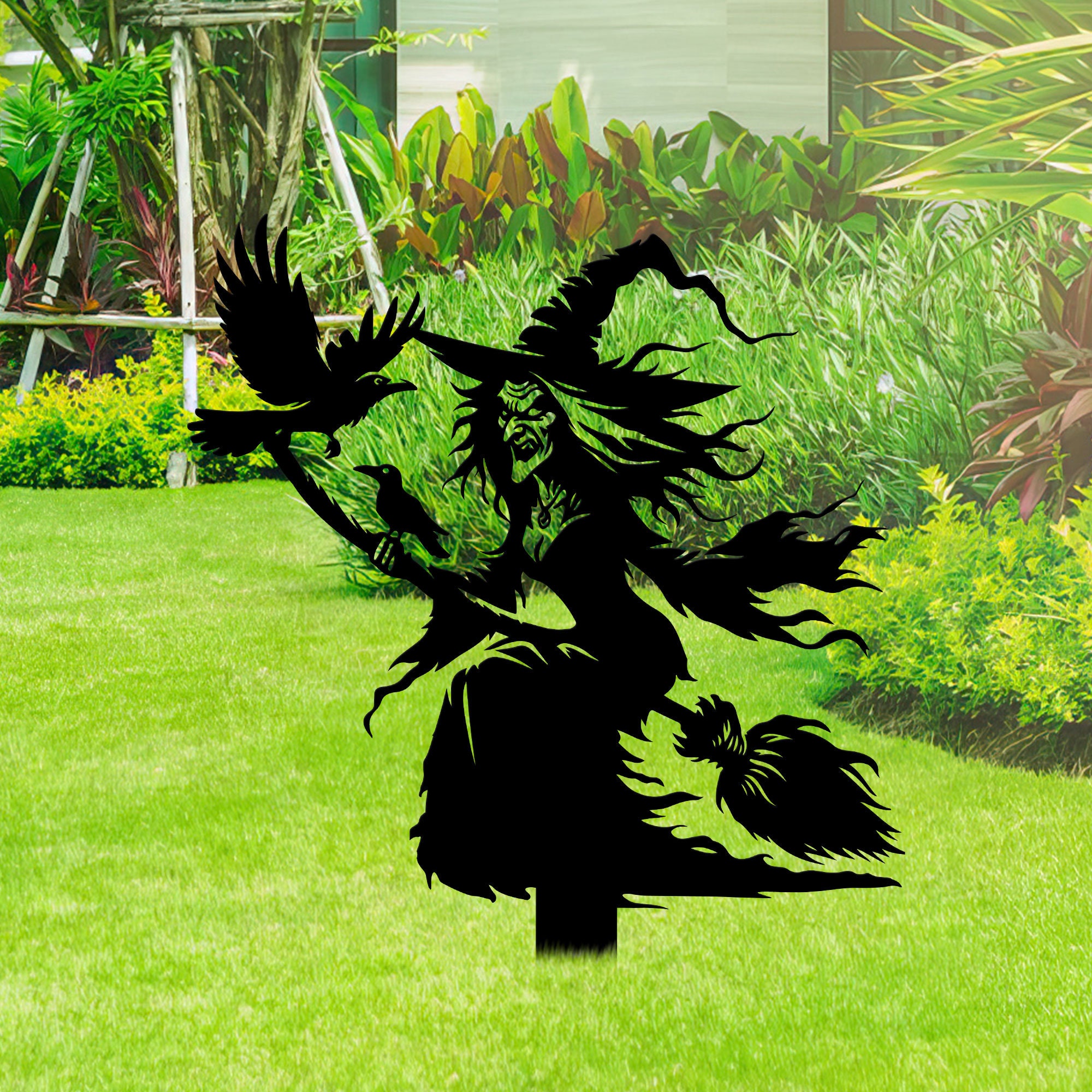 Witch on Broomstick Metal Garden Stake, Halloween Outdoor Decor - Etsy