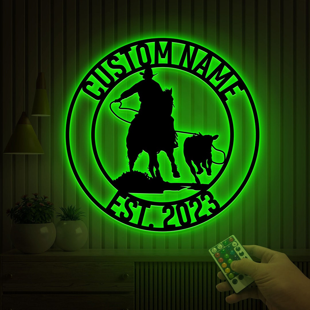 Custom Metal Cowboy Roping Sign With Led Light, Calf Roping Wall Art ...