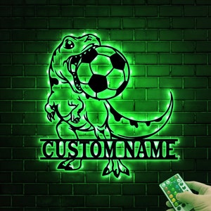 Personalized Cute T-rex With Soccer Ball Metal Wall Art With Led Lights ...