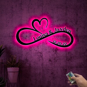 Personalized Infinity Love Metal Wall Art With Led Lights, Couple Name ...