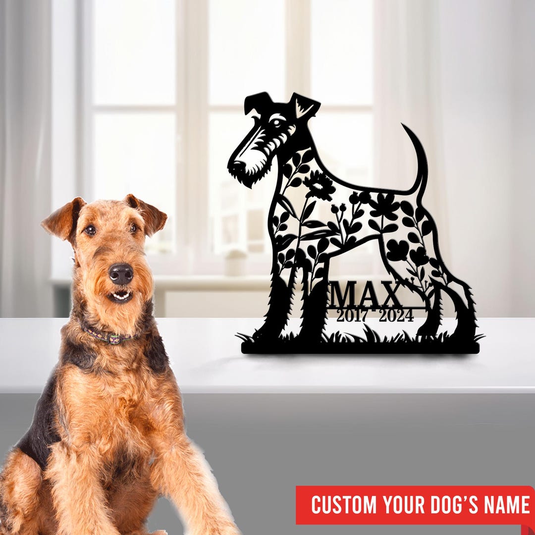 Airedale Terrier Metal Table Sign, Dog Desk Decor, Floral Dog With ...