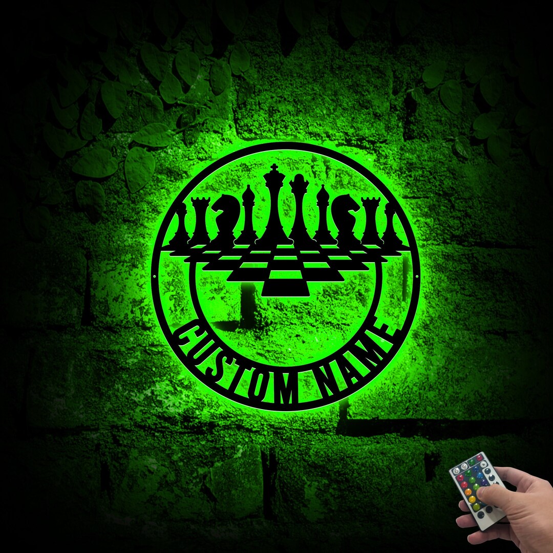 Custom Chess Metal Wall Art With Led Light, Chess Game Sign, Game Room ...