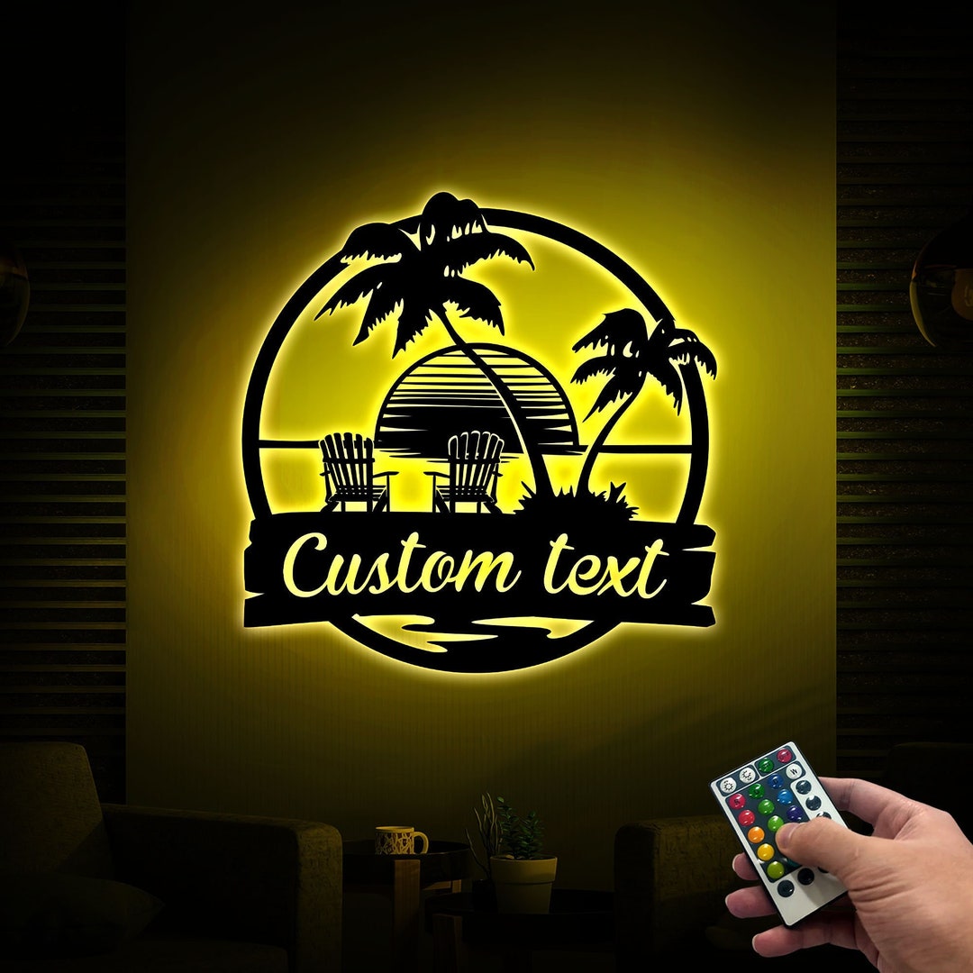 Custom Beach Sunset Metal Wall Art With Led Light, Beach Address Sign ...