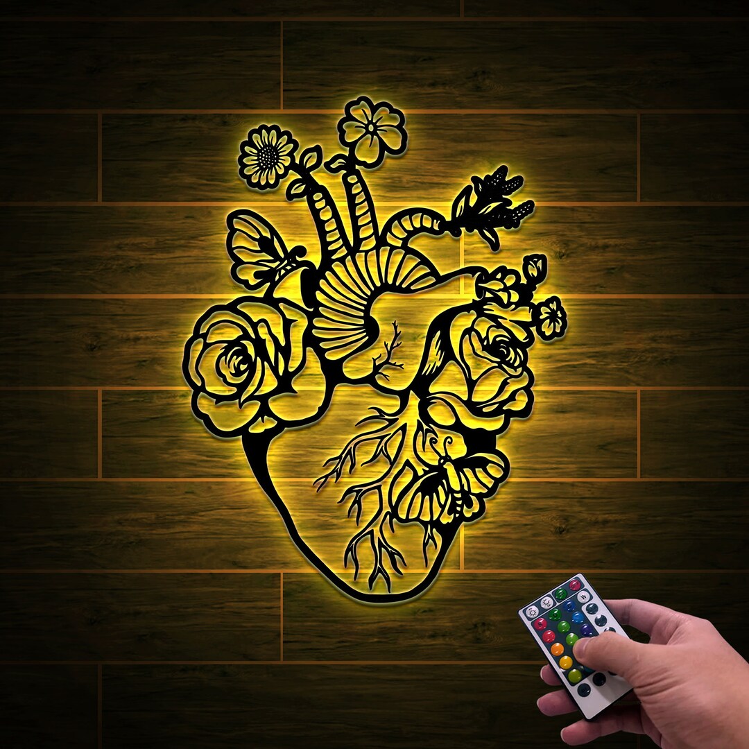 Anatomical Heart With Flowers Metal Wall Art Led Lights, Blooming Heart ...