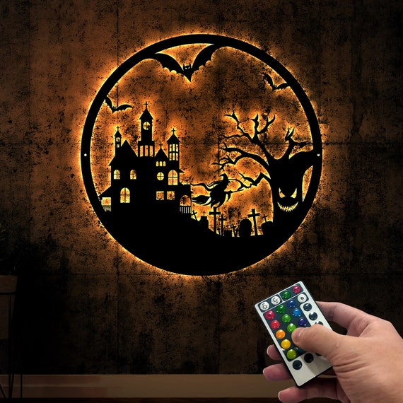 Spooky Halloween Metal Wall Art With Led Lights Witch House - Etsy