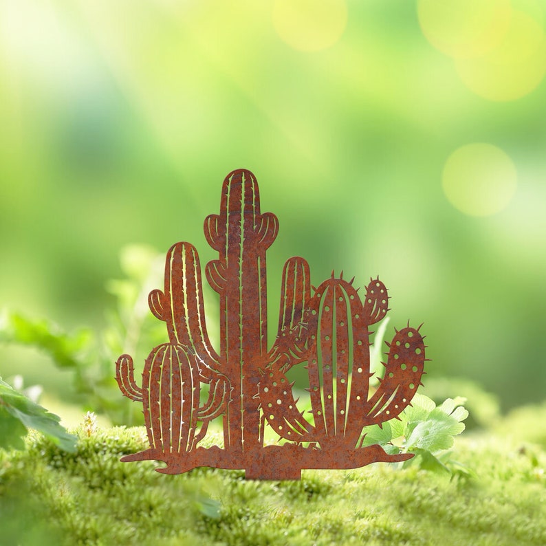 Rusty Cactus Garden Stake, Metal Cactus Decor, Rusted Cacti Yard Art ...