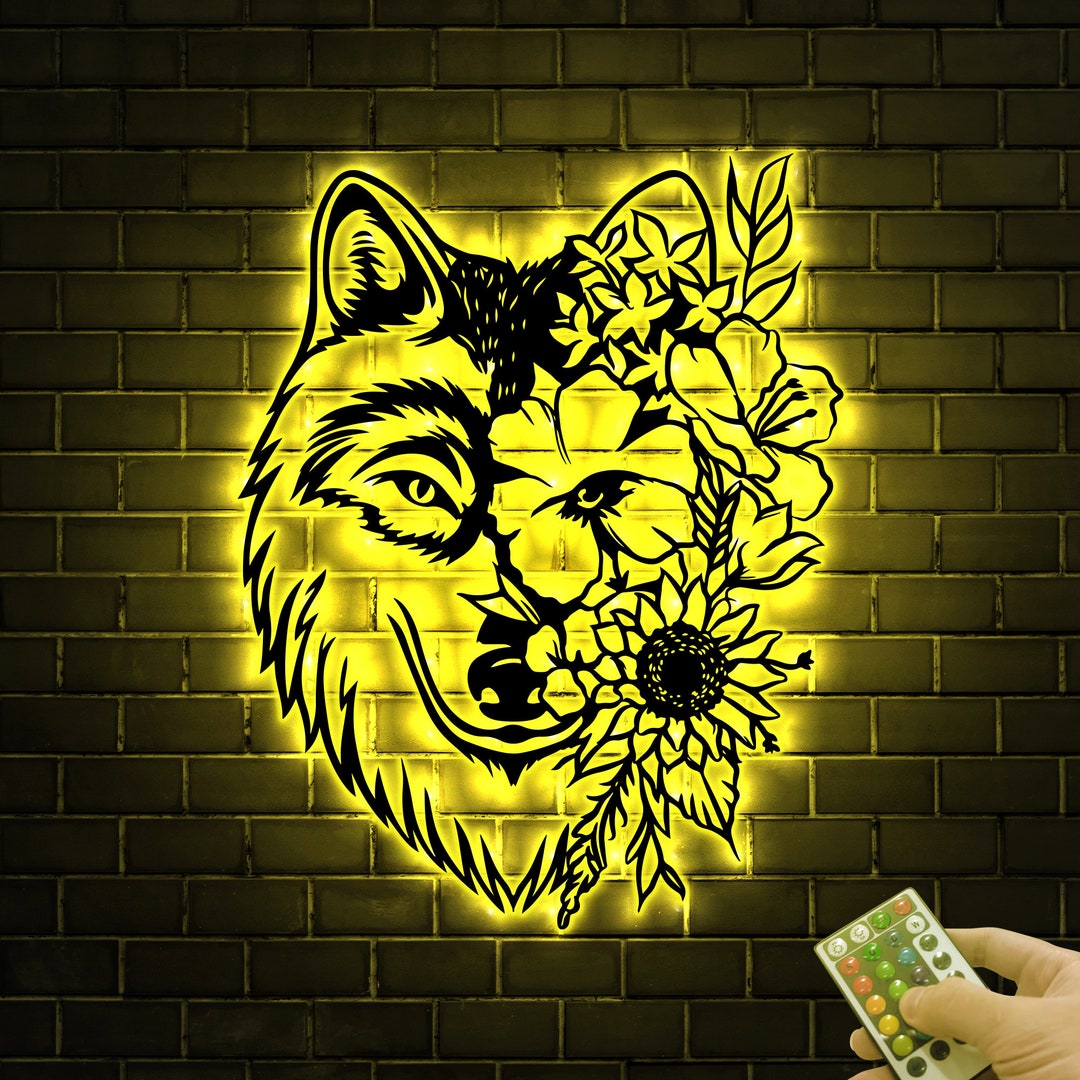 Floral Wolf Face Metal Wall Art With Led Lights, Wolf Sign, Wild Life ...
