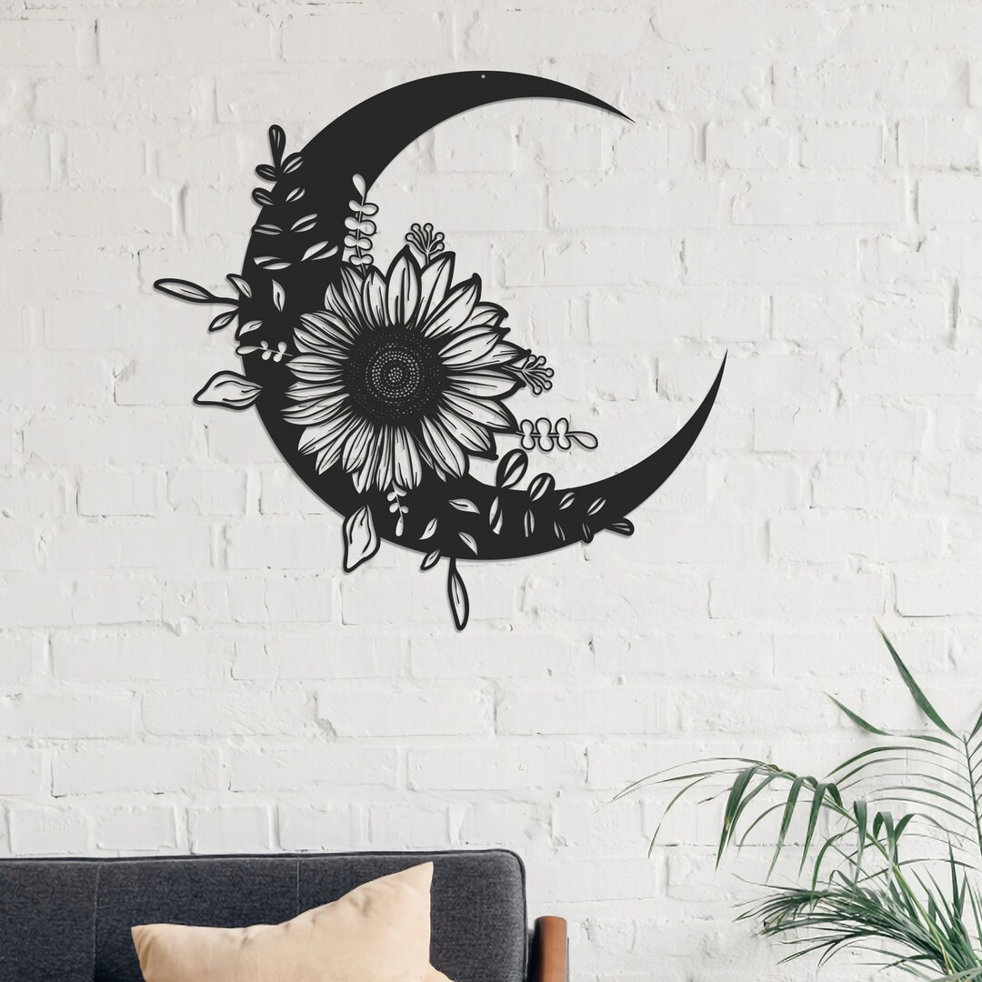 Sunflower Moon Metal Sign, Living Room Sign, Floral Moon Sign ...