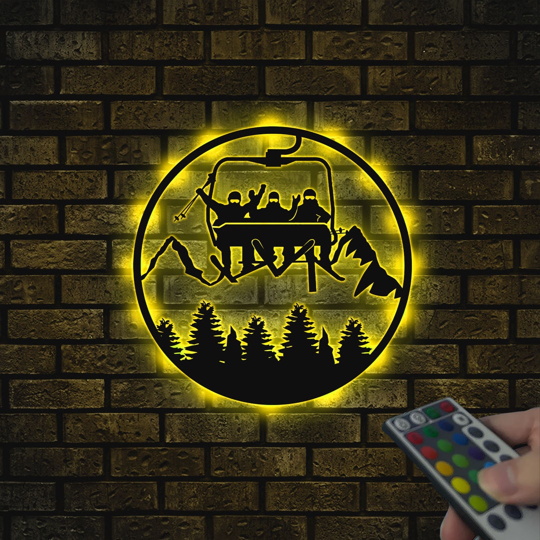 Ski Lift Chair Metal Wall Art With Led Lights, Skiing Sign, Winter ...