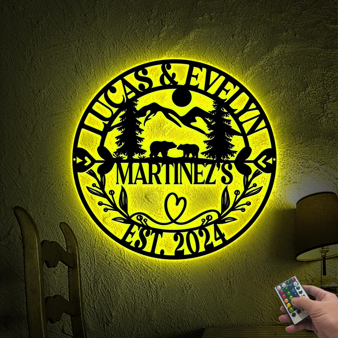 Personalized Metal Wedding Sign With Led Light, Bear Family Metal Wall ...