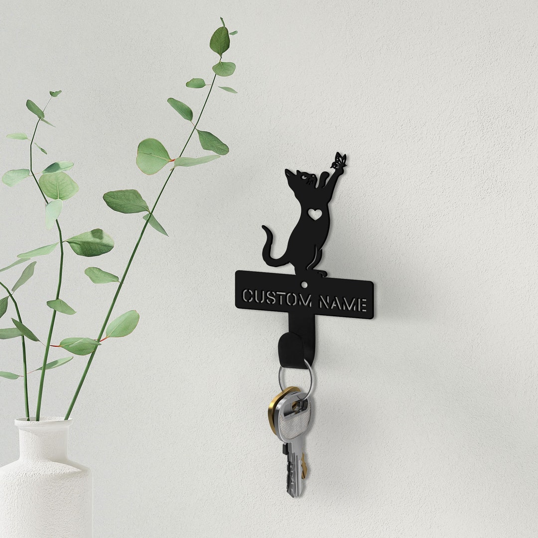 Cat and Butterfly Key Holder, Metal Key Holder for Wall, Cat Key Holder ...